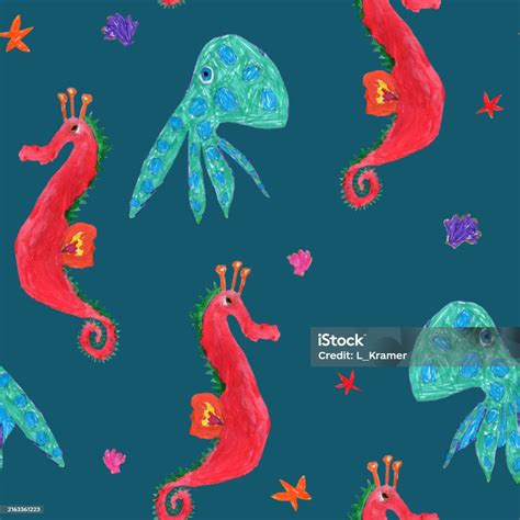 손으로 그린 수채화 그림 물고기 해마 문어 조개 어두운 청록색 배경에 불가사리에서 완벽 한 패턴 구아슈에 대한 스톡 벡터 아트 및 기타 이미지 Istock
