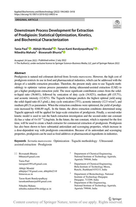 Downstream Process Development For Extraction Of Prodigiosin Statistical Optimization Kinetics