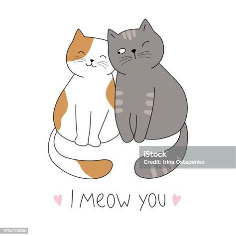 사랑에 귀여운 고양이의 부부 레터링으로 나는 당신을 야옹 로맨틱 한 프린트 발렌타인 데이 카드에 대한 벡터 손으로 그린 일러스트 레이션 포스터 티셔츠 엽서에 적합합니다