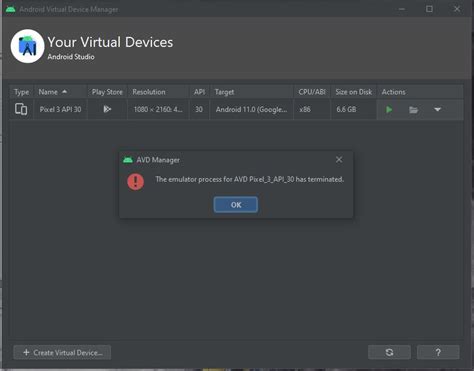 flutter emulator process for avd pixel 3 api 30 has terminated