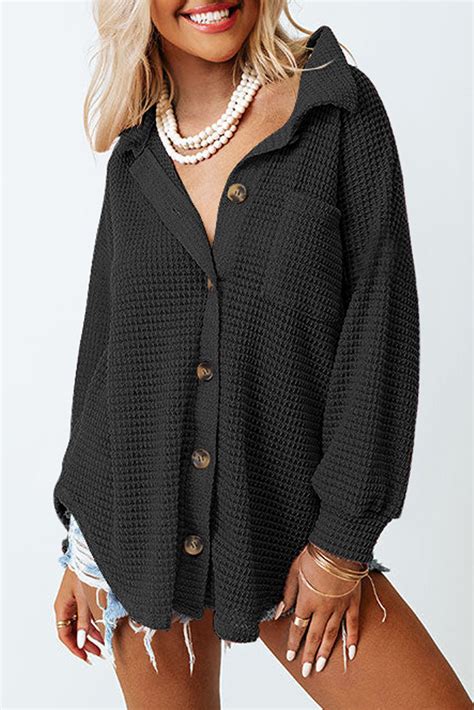 Us 851 Drop Shipping Black Waffle Knit Button Up Casual Shirt For Women