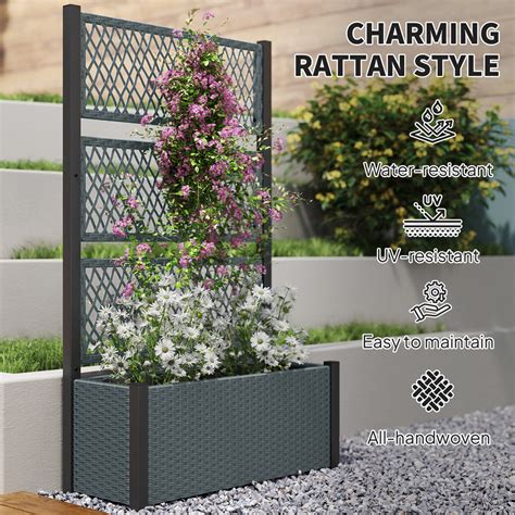 Outsunny Charcoal Grey Rattan Raised Garden Planter With Trellis Homebase