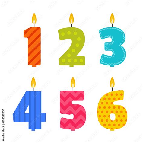 Vector Flat Design Birthday Candle Set In The Shape Of Numbers 1 2 3 4 5 6 Burning