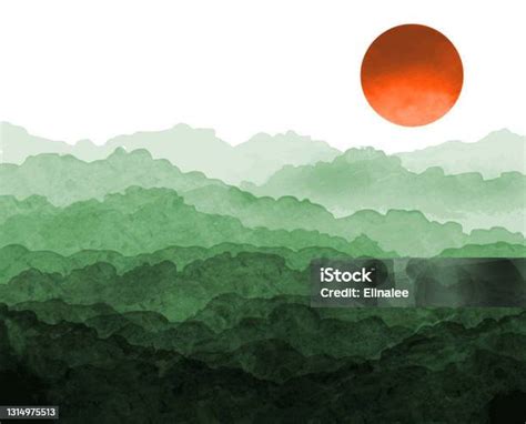 녹색 안개 낀 숲 산과 큰 붉은 태양동양 풍경 전통적인 동양 잉크 페인팅 스미e U죄 고화 풍경에 대한 스톡 벡터 아트 및 기타 이미지 Istock