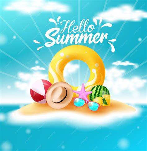 Premium Vector | Hello summer vector design summer greeting text with floater beach ball hat ...