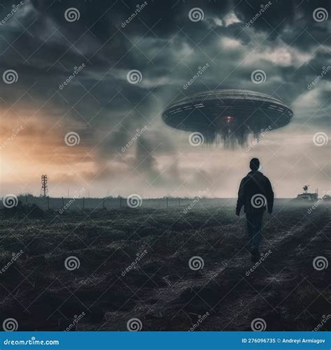 Alien Spaceship Ufo Hovering Over The Field Generative Ai Stock