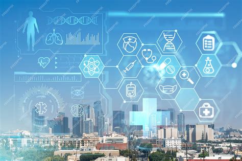 낮 시간에 시내의 로스 앤젤레스 파노라마 스카이 라인 캘리포니아 미국 La시의 고층 빌딩 홀로그램 의료 디지털 의학 아이콘 질병의 치료 개념 전염병 위협 프리미엄 사진