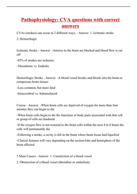 Pathophysiology Cva Questions With Correct Answers Pathophysiology