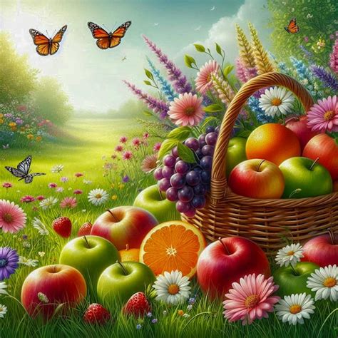A Painting Of Fruit And Flowers With Butterflies And Butterflies