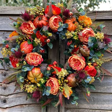 Kissshow Fall Peony And Pumpkin Wreath Artificial Autumn Wreath For