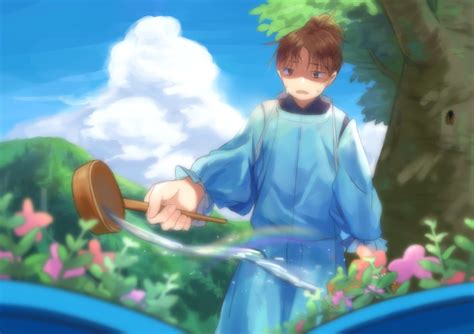 Safebooru 1boy Brown Hair Bug Cicada Day Flower Flower Pot Hair Up