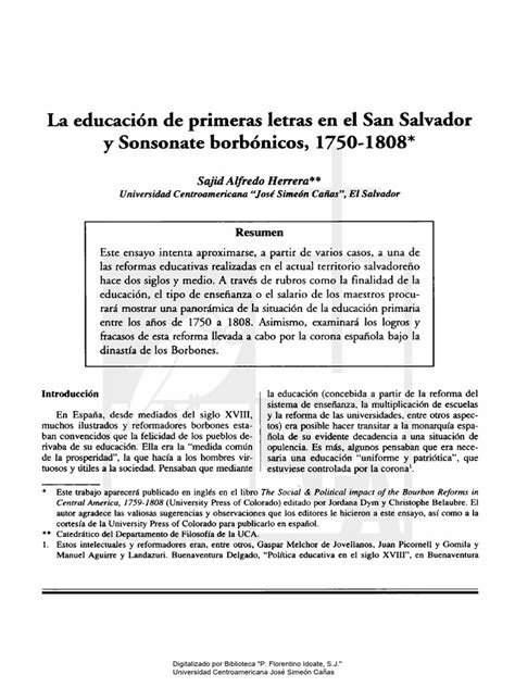 La Educacion Primera Letras San Salvador Sonsonate Borbonicos Pdf