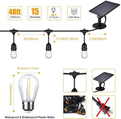 Solar Energy S14 String Lights 48ft 27ft Outdoor Indoor Decoration