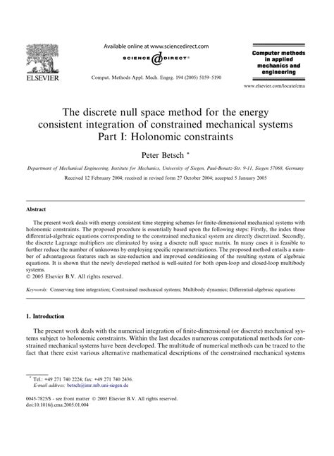 Pdf The Discrete Null Space Method For The Energy Consistent Integration Of Constrained