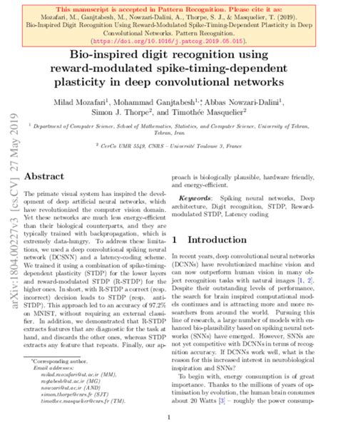 pdf bio inspired digit recognition using reward modulated spike