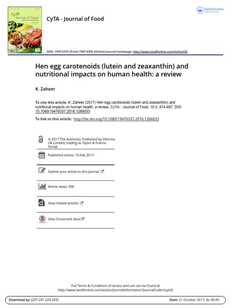 Hen Egg Carotenoids Lutein And Zeaxanthin And Nutritional Impacts On Human Health A Review Pdf