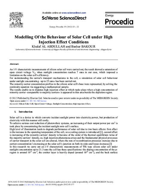 Pdf Modelling Of The Behaviour Of Solar Cell Under High Injection Effect Conditions