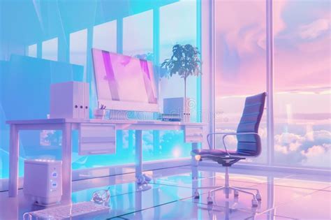 Abstract Office Desk With Notebook Computer In Holographic Color Lights Stock Illustration