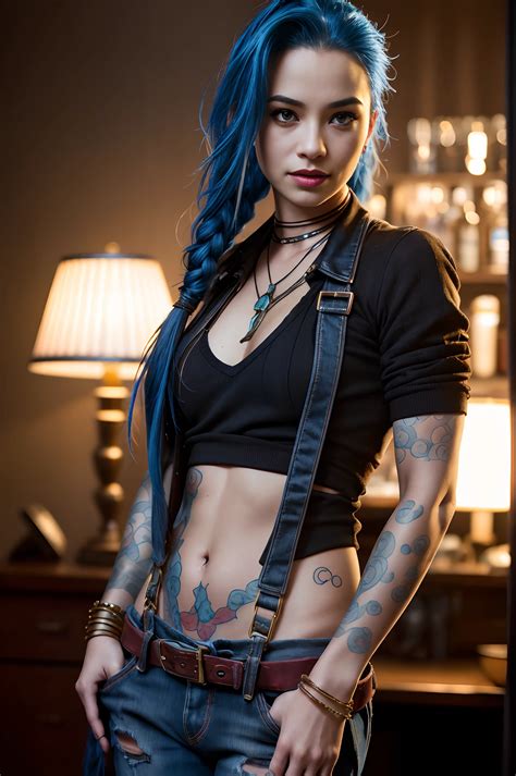 A Close Up Of A Woman With Blue Hair And Tattoos Seaart Ai