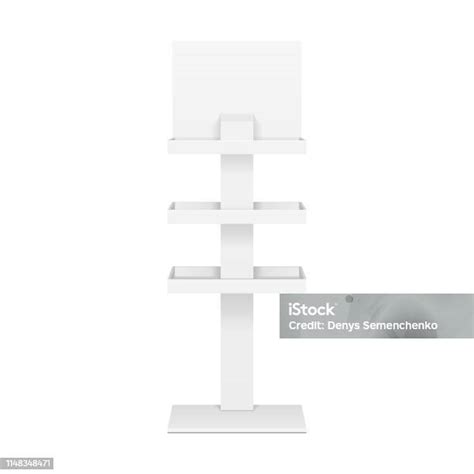 소매 선반 슈퍼마켓 공백 빈 표시를 위한 지 면 진열대는 기치를 조롱 합니다 고립 된 흰색 배경에 3d 디자인을 위한 준비 제품 광고 벡터 Eps10 3차원 형태에 대한