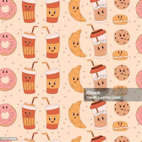 복고풍 그루비 매끄러운 패턴 밝은 노란색 배경에 종이컵 도넛 크로와상 쿠키에 담긴 만화 캐릭터 벽지 디자인 섬유 포장 장식에 대 한 벡터 일러스트 레이 션 1960 1969