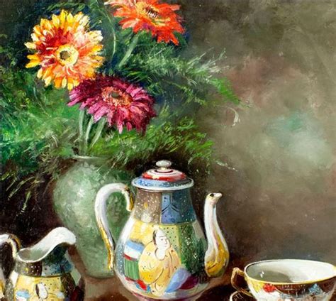 Zsuzsanna Suger Still Life With Tea Set And Vase Of Flowers Mutualart