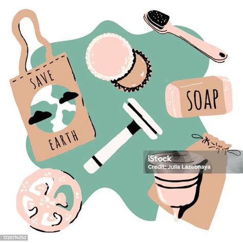 제로 폐기물 라이프 스타일 벡터 손으로 그린 요소 세트 플라스틱이 없습니다 에코 가방 빗 칫솔 수세미 비누 생리컵 병 자연 보호 배너 스티커 포스터 재활용을 거부합니다