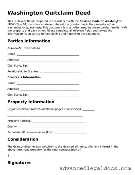 Washington Quitclaim Deed Template ≡ Printable Pdf Form