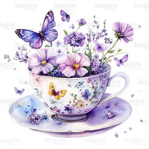 Floral Tea Cup Clipart Set Watercolor Butterfly Illustration Digital