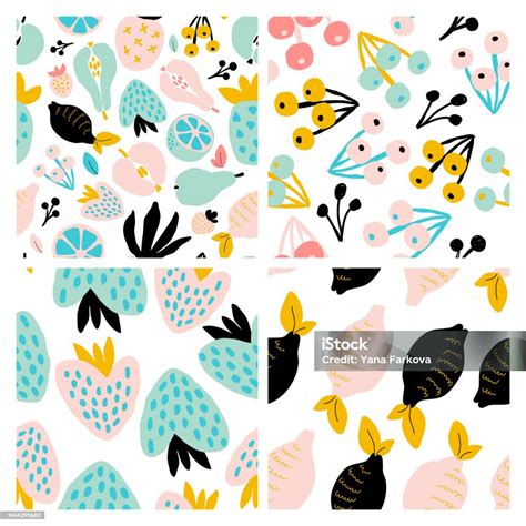 추상 과일 완벽 한 패턴입니다 현대 컷아웃 인물 열대 그림 손으로 그린 과일 딸기로 현대적인 프린트를 콜라주 그래픽 패턴 사과 딸기 복숭아 배 파인애플 감귤류 과일에 대한