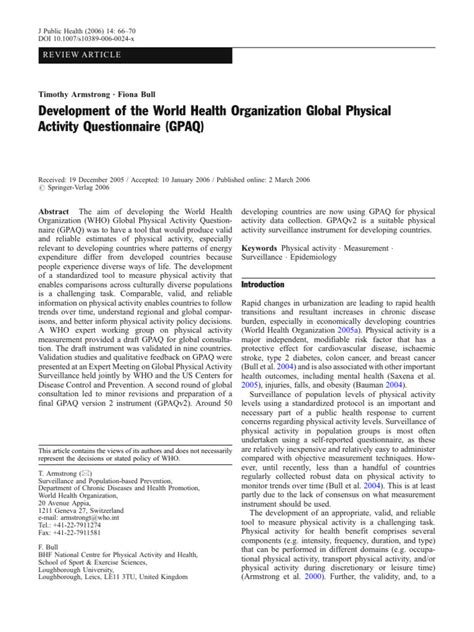 Development Of The World Health Organization Global Physical Activity Questionnaire Gpaq Pdf