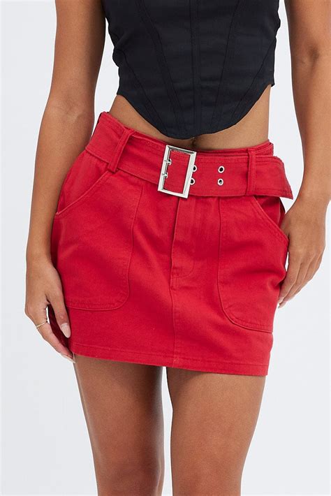 Red Mini Skirt Low Rise Belted Cotton Blend Ally Fashion