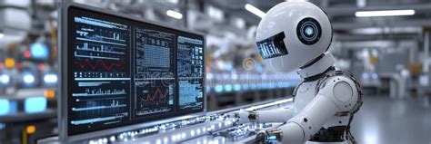 Ai Robot Managing Data On Multiple Screens Stock Illustration Illustration Of Processing