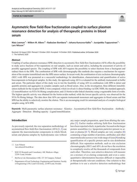 Pdf Asymmetric Flow Field Flow Fractionation Coupled To Surface Plasmon Resonance Detection
