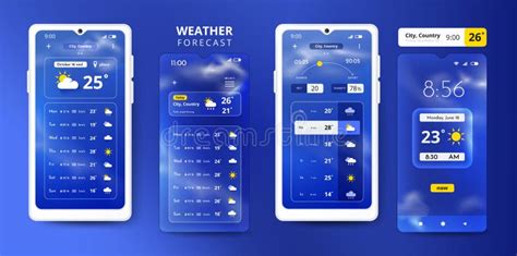 Weather Forecast Smartphone Ui Widget Interface With Graphic Of Sun Rain Or Snow Icons