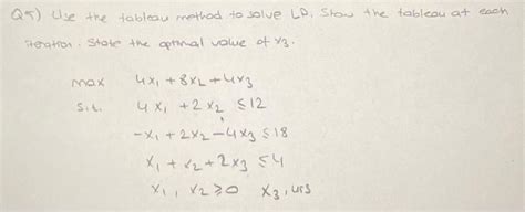 Solved Q5 Use The Tableau Method To Solve Lp Stow The