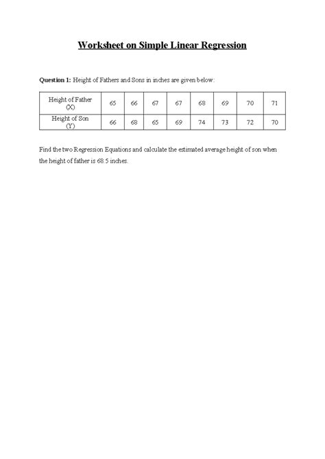 Worksheet Regression Worksheet On Simple Linear Regression Question 1
