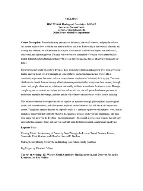 Honors Seminar Healing And Creativity Syllabus Fall 2022 Pdf Creativity Experience
