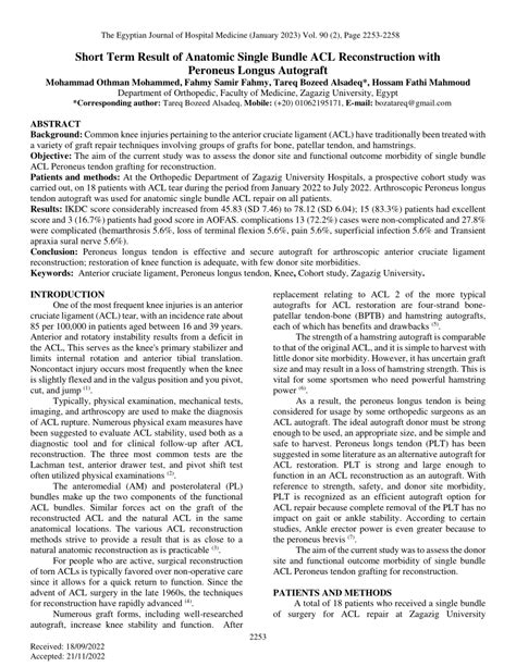 Pdf Short Term Result Of Anatomic Single Bundle Acl Reconstruction With Peroneus Longus Autograft