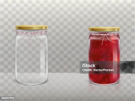 된 유리의 현실적인 스타일에서 벡터 일러스트 레이 션의 둥근 항아리 비어 이며 라즈베리 잼 뚜껑 커버 하 고 붕대 감기 0명에 대한 스톡 벡터 아트 및 기타 이미지 Istock