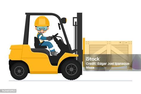 산업 노동자는 조심스럽게 지게차를 운전합니다 나무 상자 포장 팔레트를 창고로 운반하는 노란색 포크 리프트 트럭 제품의 산업 저장