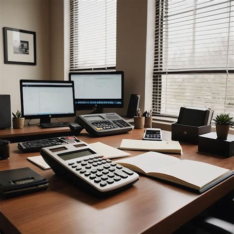 Office Setup With Calculators In A Shared Workspace Setting Premium