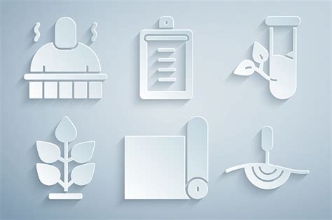 피트니스 매트 롤 실험실 유리 와 잎 식물 침술 치료 체크리스트와 사우나 스파 절차 아이콘 클립 보드를 설정합니다 벡터 3차원 형태에 대한 스톡 벡터 아트 및 기타 이미지