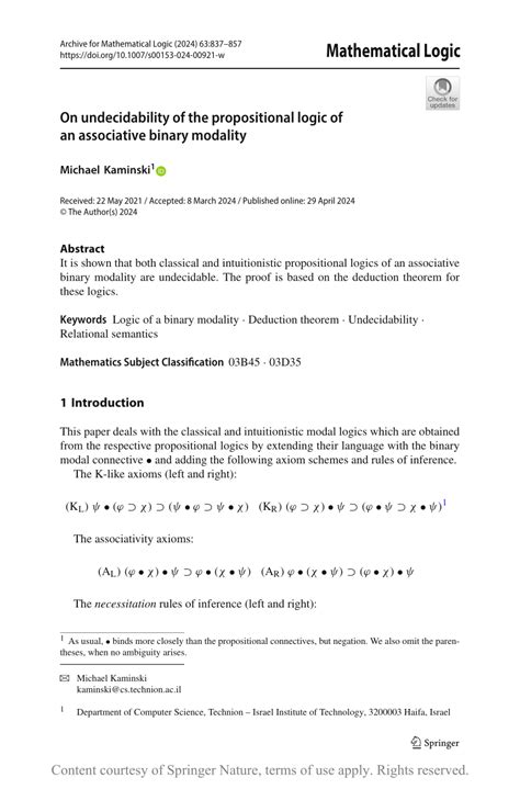 Pdf On Undecidability Of The Propositional Logic Of An Associative Binary Modality