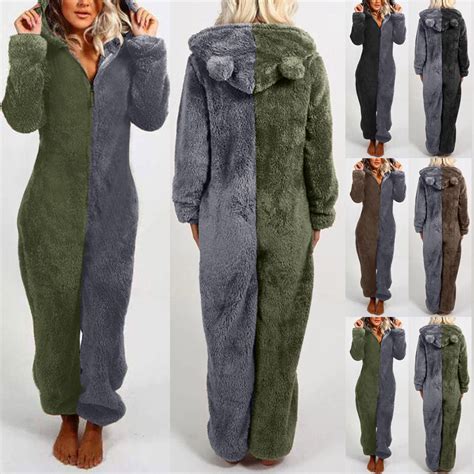 Jinhomg Plus Size Fleece Onesies For Women Trendy Block Color One Piece