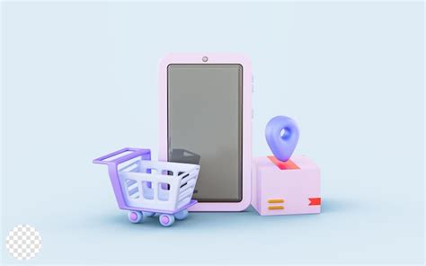 쇼핑 카트 소포 상자 위치 표시 기호가 있는 스마트 폰 배달을 위한 3d 렌더링 개념 프리미엄 Psd 파일