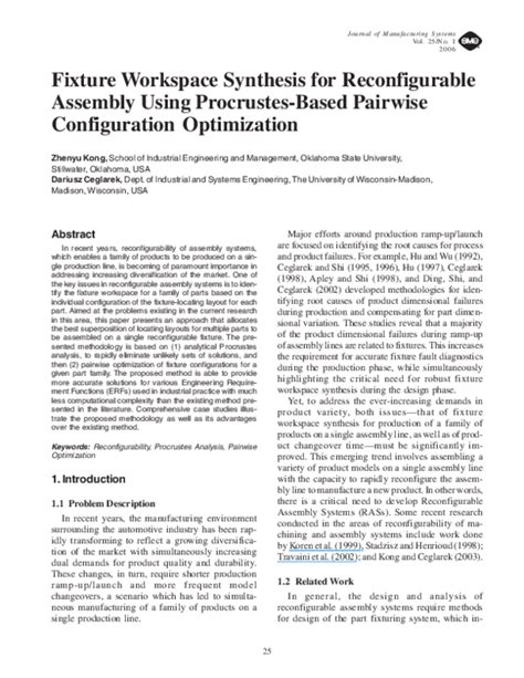 Pdf Fixture Workspace Synthesis For Reconfigurable Assembly Using