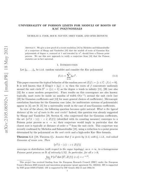 Pdf Universality Of Poisson Limits For Moduli Of Roots Of Kac Polynomials
