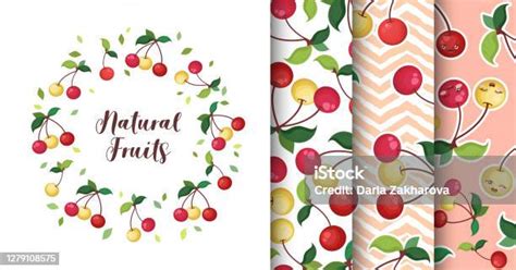 흰색 배경에 고립 된 귀여운 만화 다채로운 체리의 벡터 컬렉션 티셔츠 프린트 패브릭 벽지 카드용 일러스트와 매끄러운 패턴 디자인 세트 0명에 대한 스톡 벡터 아트 및 기타