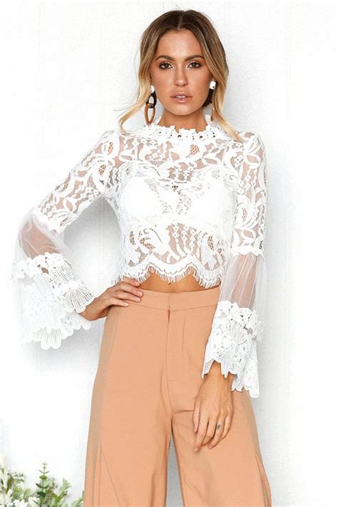 Women Summer Lace Crop Tops Long Sleeve Shirt Casual Slim Lace Blouse